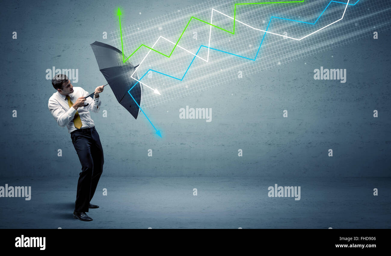 Business person with umbrella and stock market arrows concept Stock ...