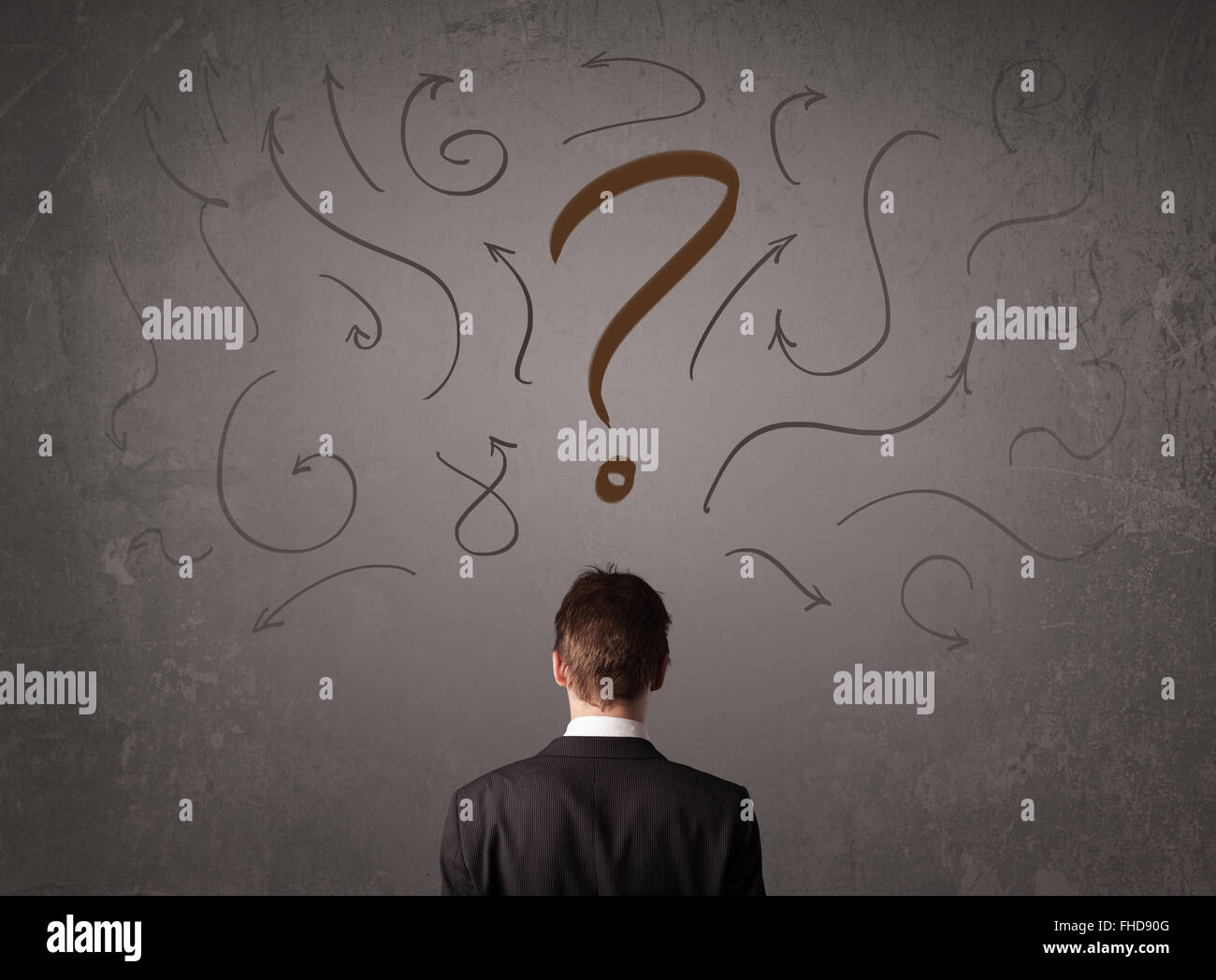 Business man looking at question mark sketch Stock Photo - Alamy