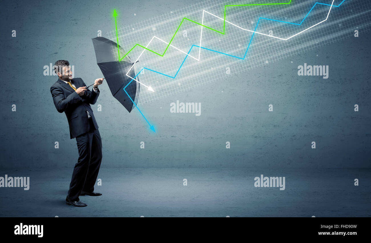 Business person with umbrella and stock market arrows concept Stock ...