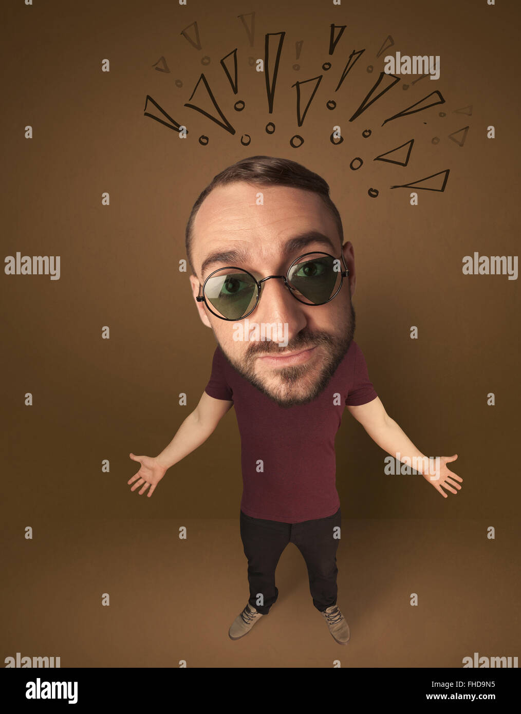 Big head person with social exclamation marks Stock Photo - Alamy