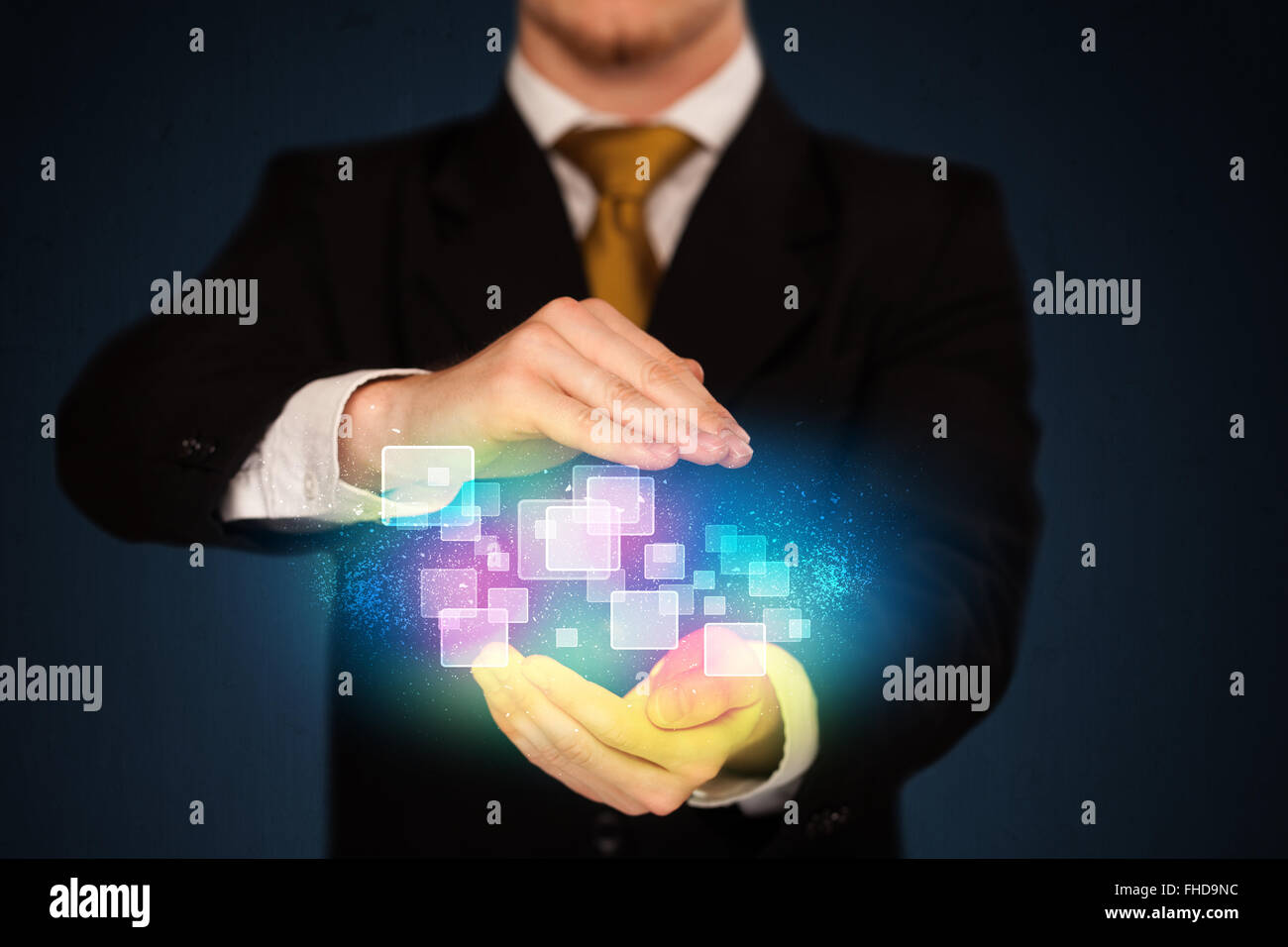man holding abstract icons Stock Photo - Alamy