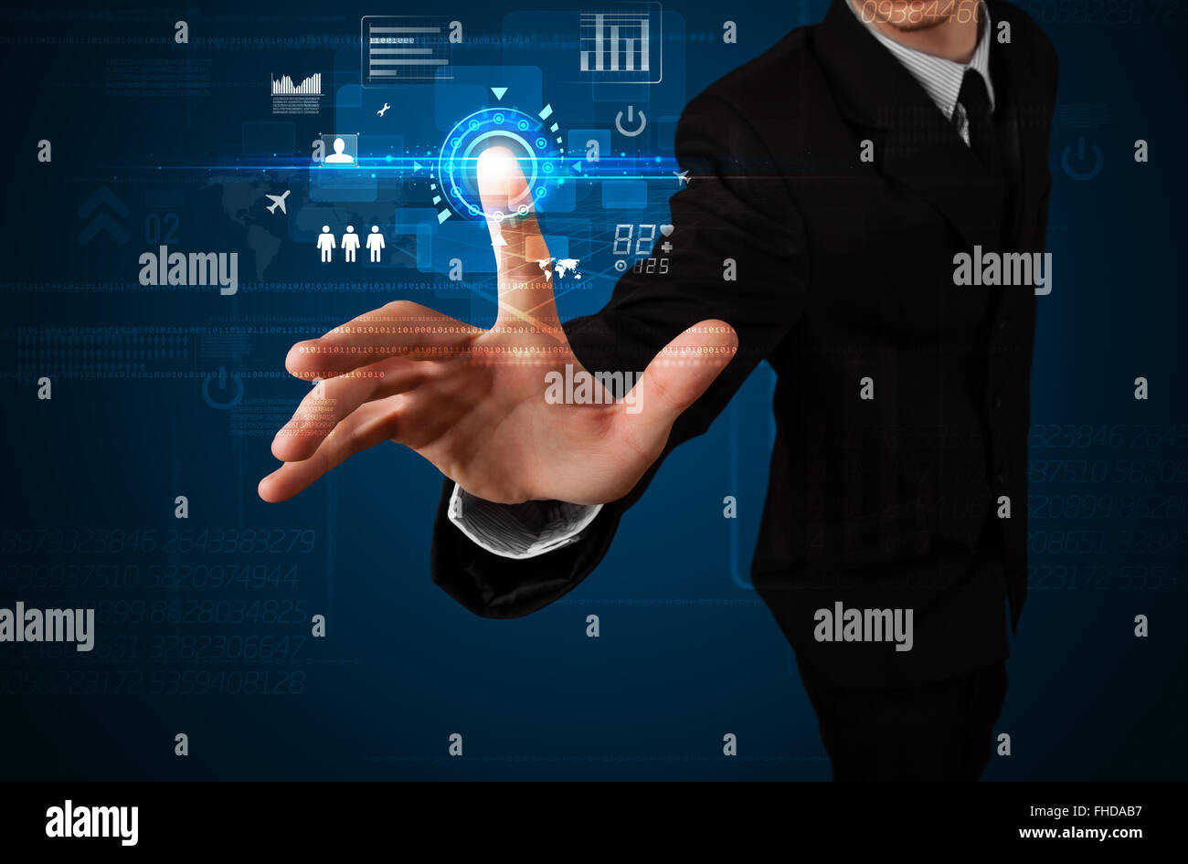 Handsome businessman touching future web technology buttons and icons ...