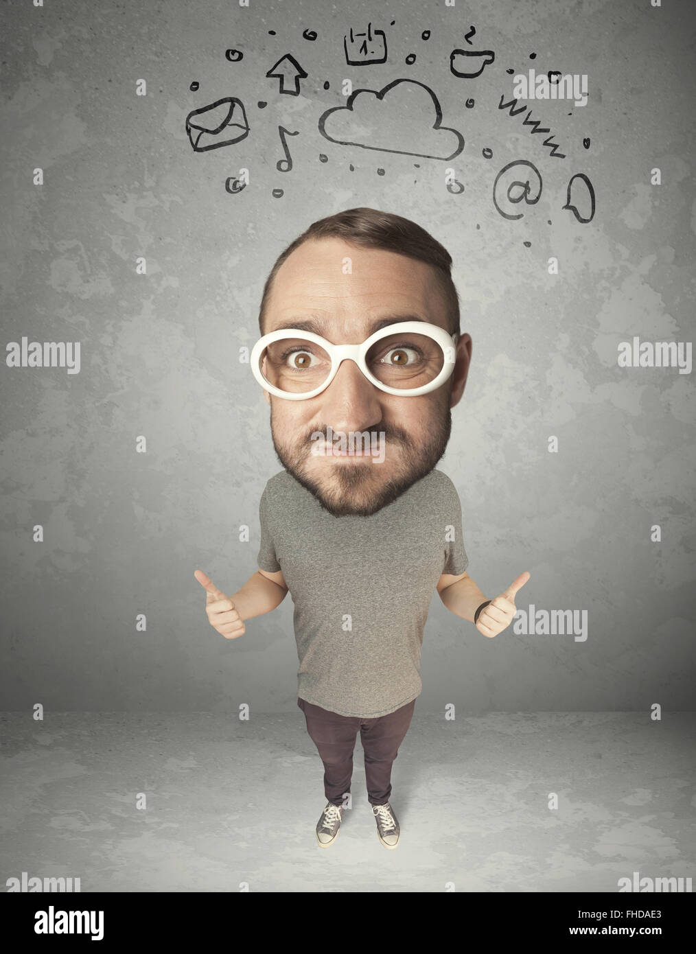 Big head person with social media marks Stock Photo - Alamy