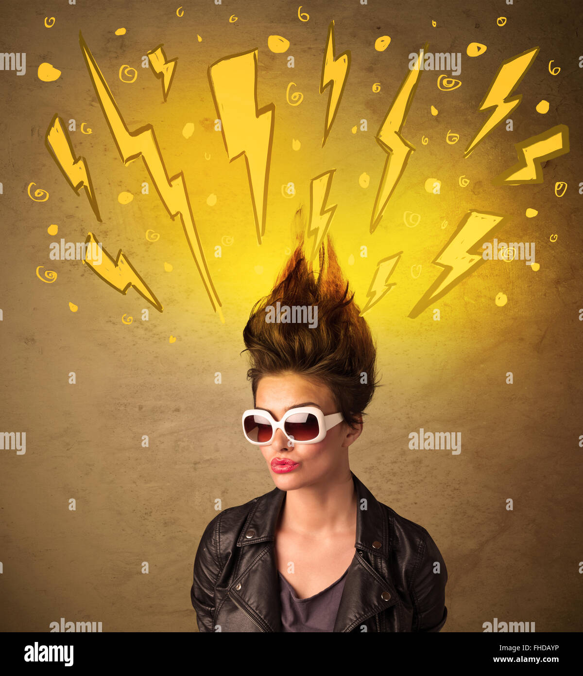 Young woman with hair style and hand drawn lightnings Stock Photo - Alamy