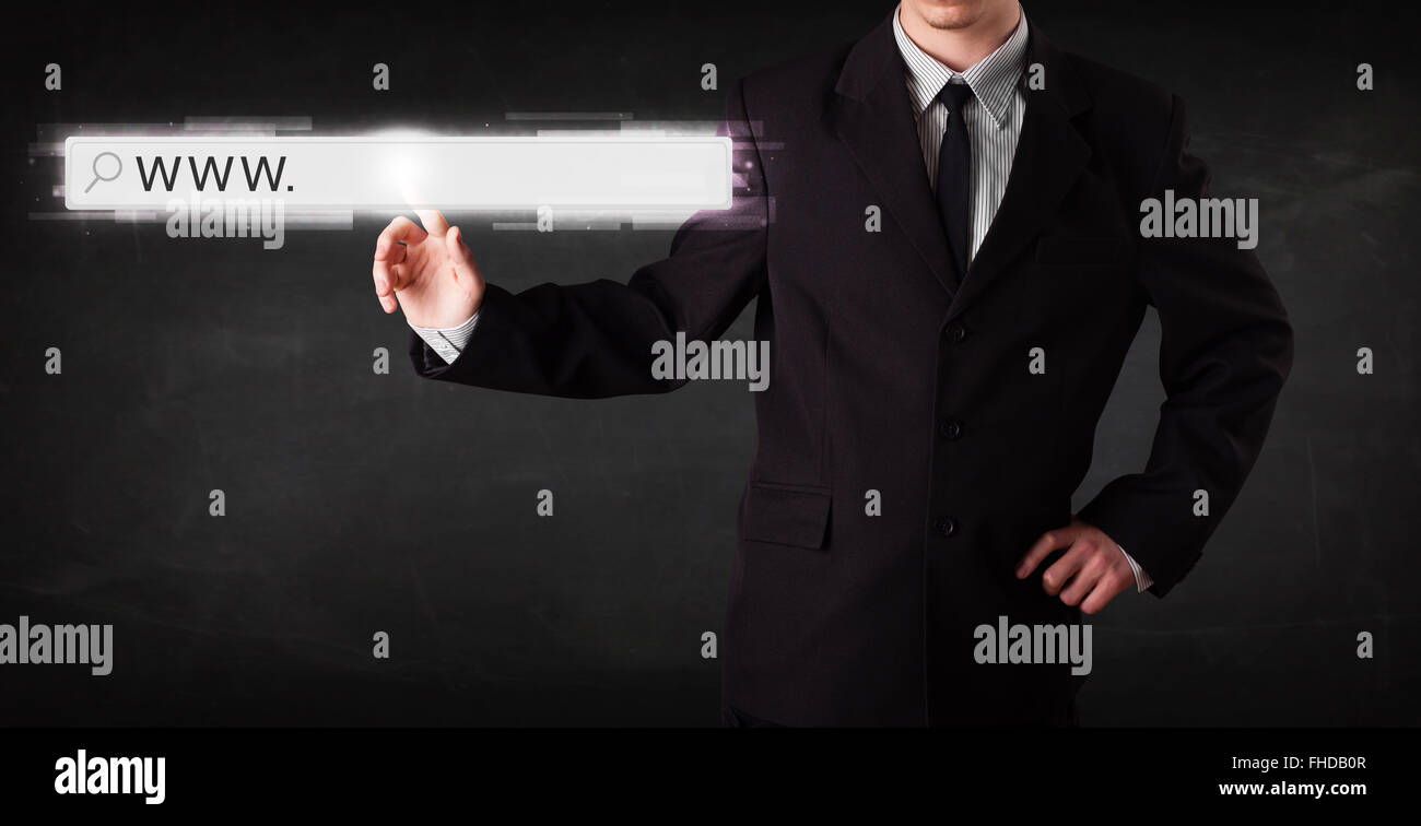 Young businessman touching web browser address bar with www sign Stock ...