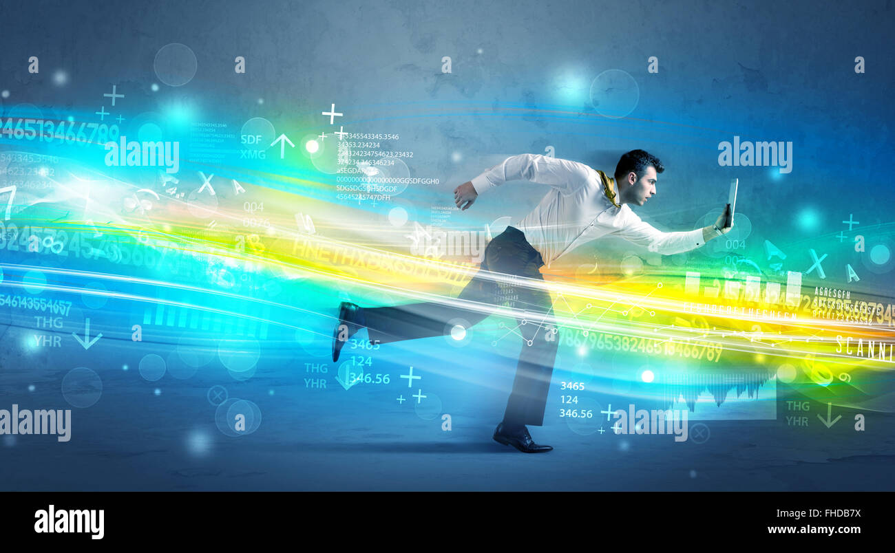 Business man running in high tech wave concept Stock Photo - Alamy