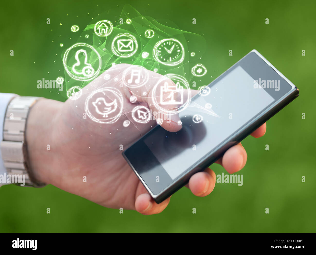 Hand holding smartphone with mobile app choices Stock Photo - Alamy