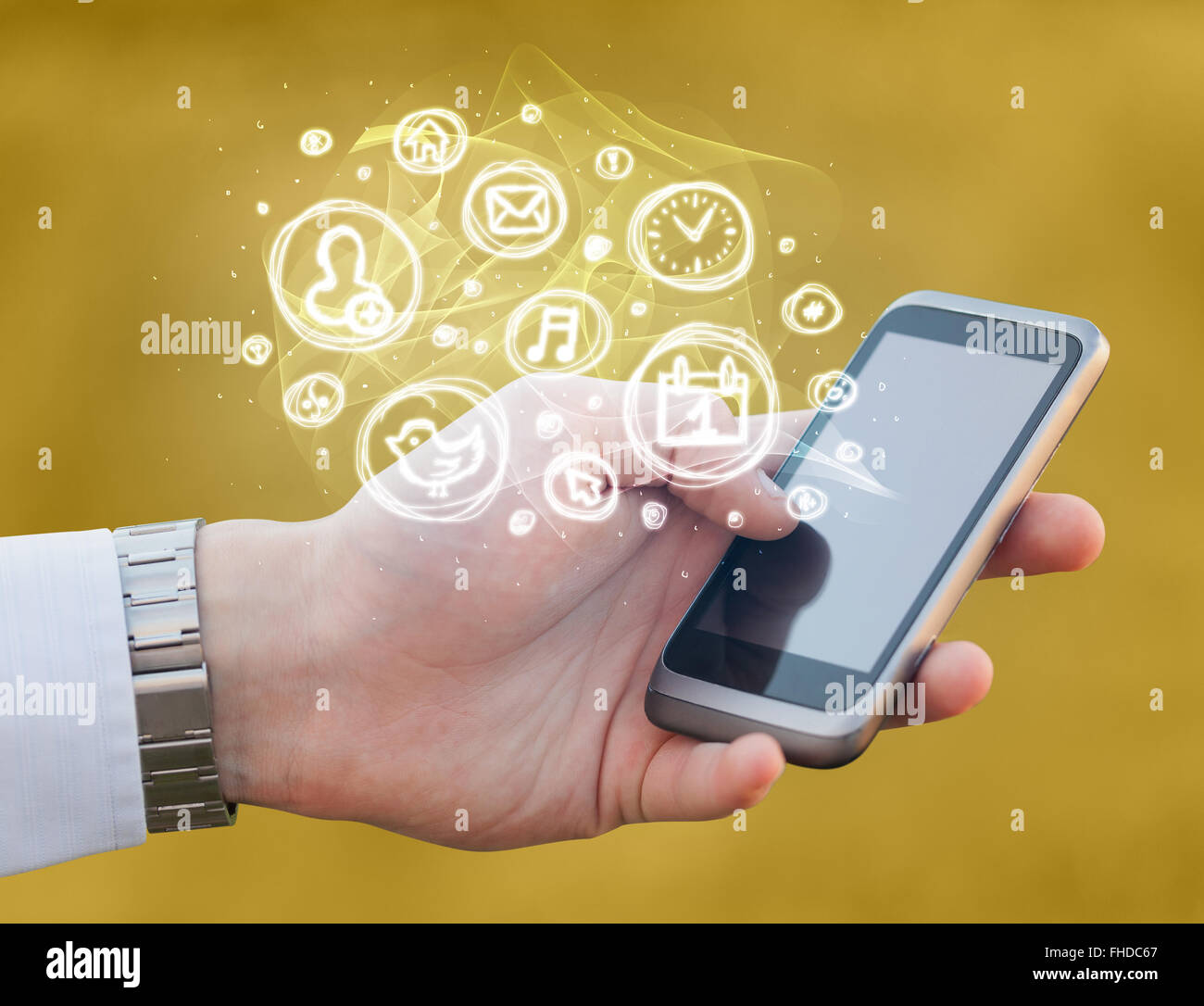 Hand holding smartphone with mobile app choices Stock Photo - Alamy