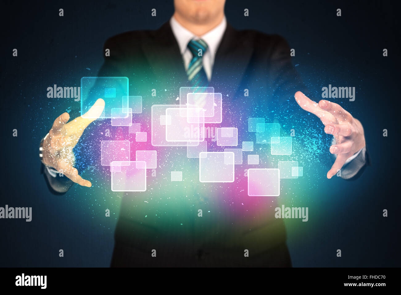 man holding abstract icons Stock Photo - Alamy