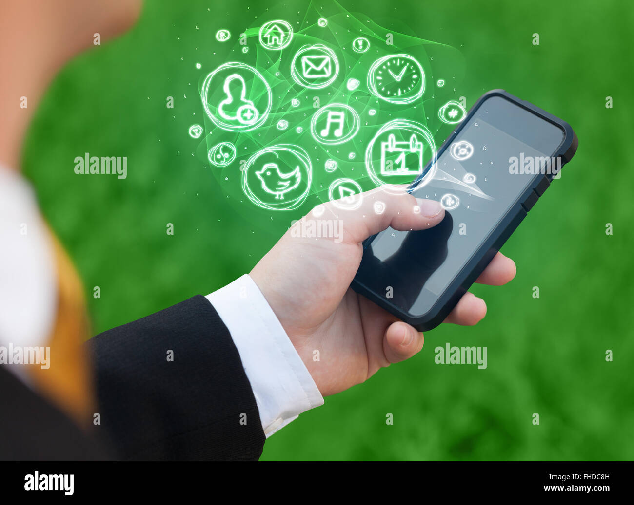 Hand holding smartphone with mobile app choices Stock Photo - Alamy