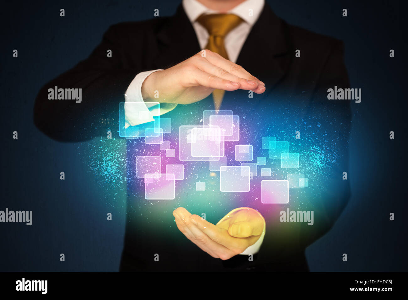 man holding abstract icons Stock Photo - Alamy