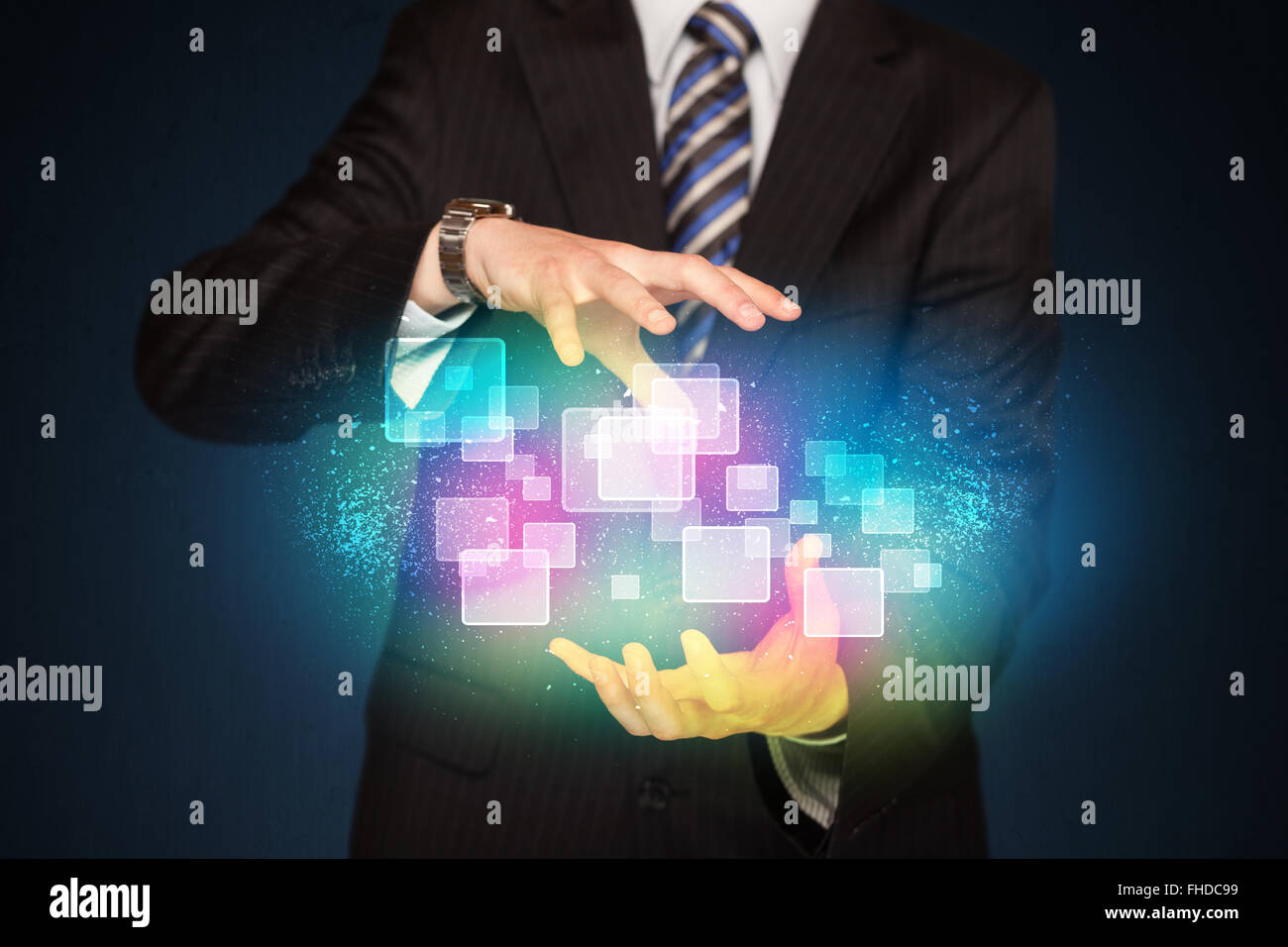 man holding abstract icons Stock Photo - Alamy