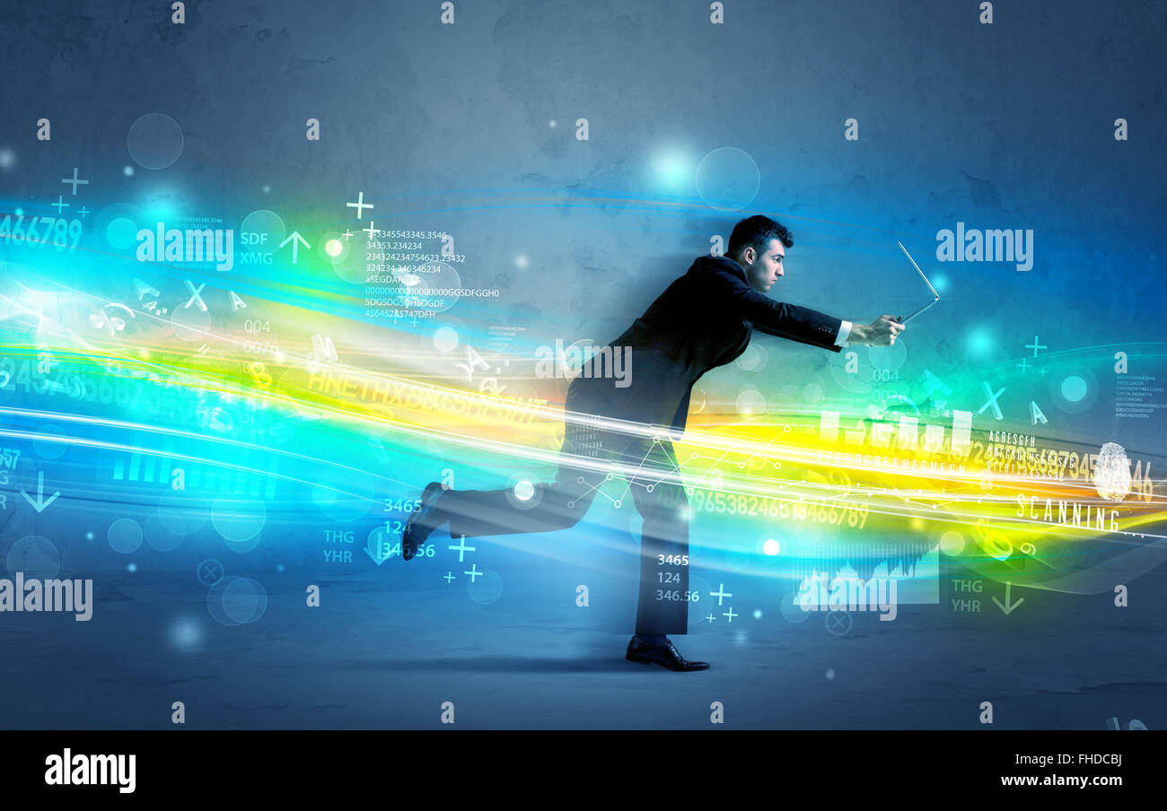 Business man running in high tech wave concept Stock Photo - Alamy