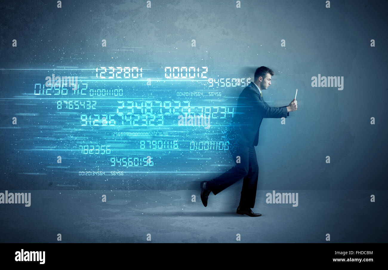 Business man running with device and data concept Stock Photo - Alamy