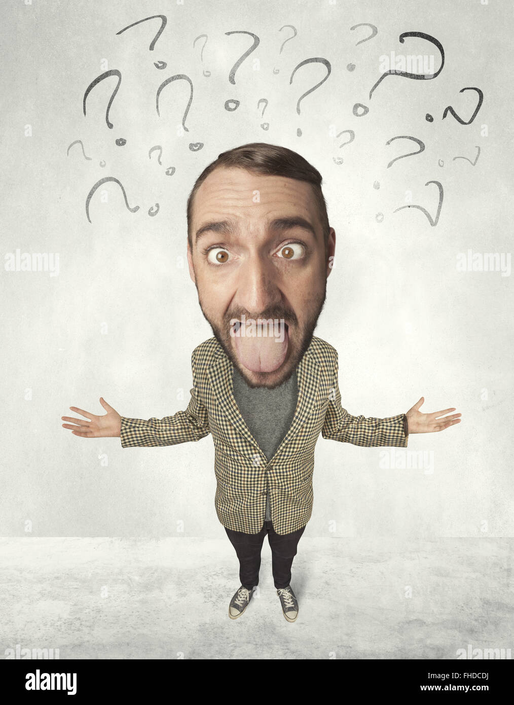 Big head person with question marks Stock Photo - Alamy