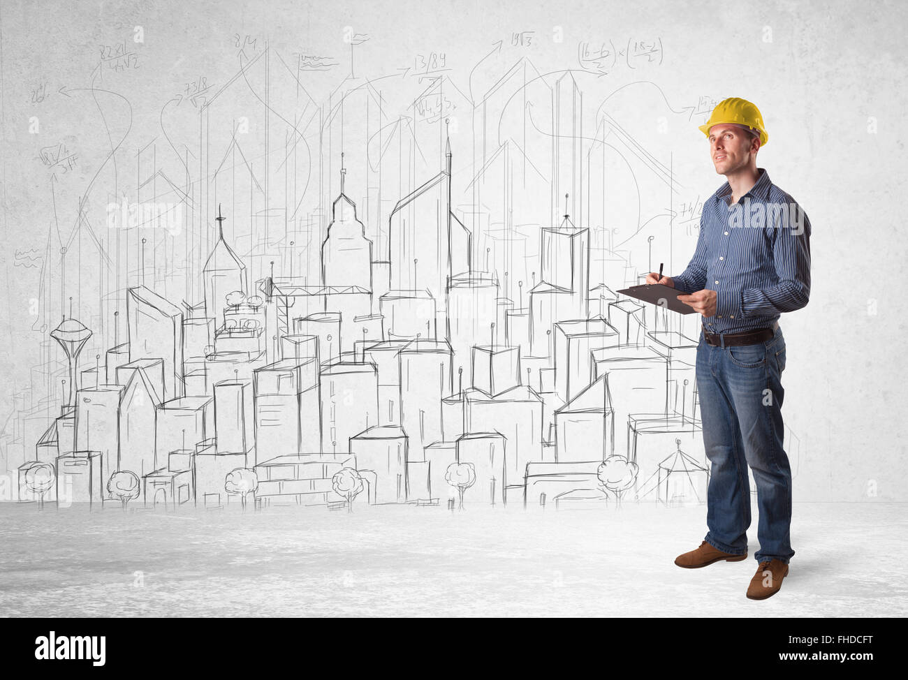 Construction worker with cityscape background Stock Photo - Alamy