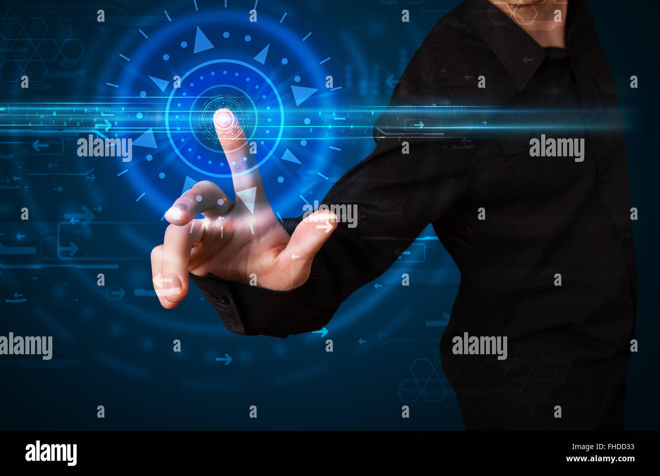 Handsome tech guy pressing high technology control panel screen concept ...