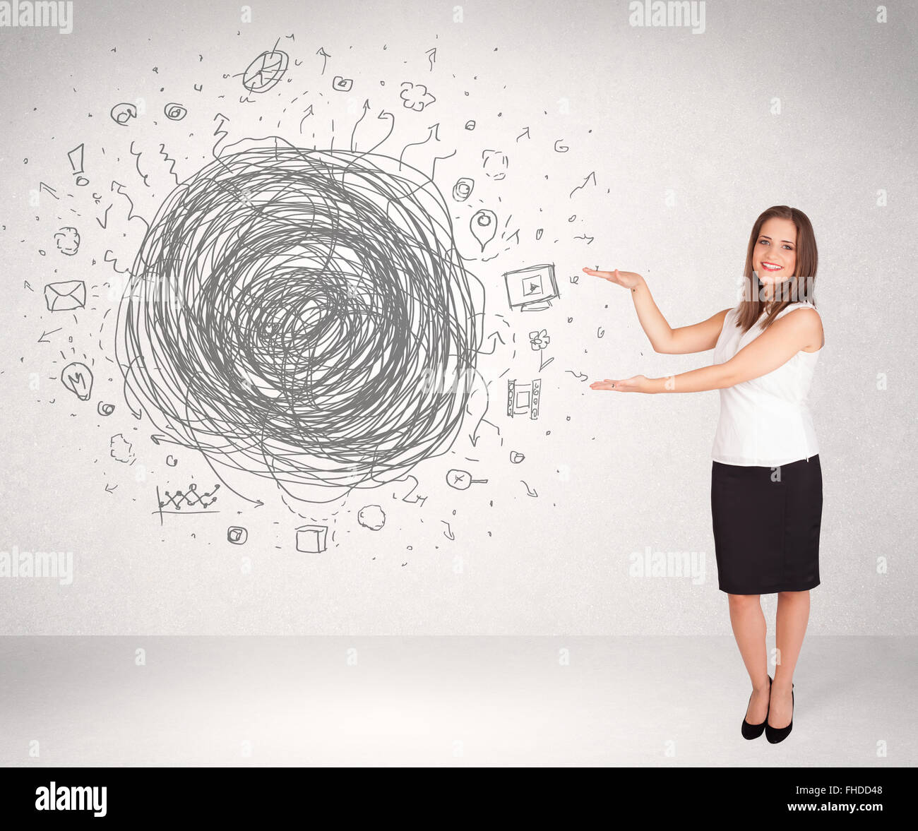 Young business woman with media doodle scribble Stock Photo - Alamy