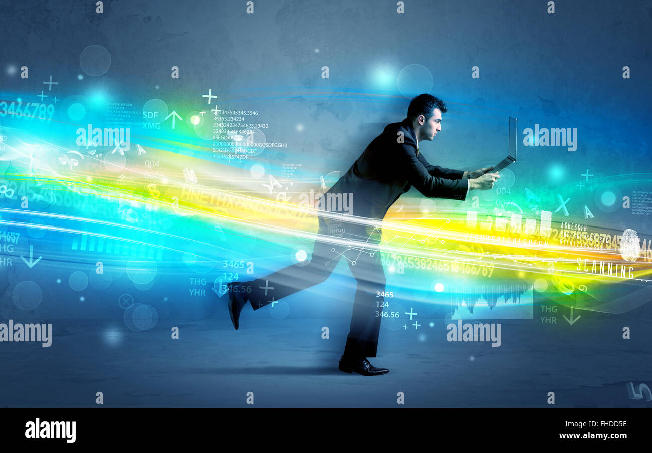 Business man running in high tech wave concept Stock Photo - Alamy