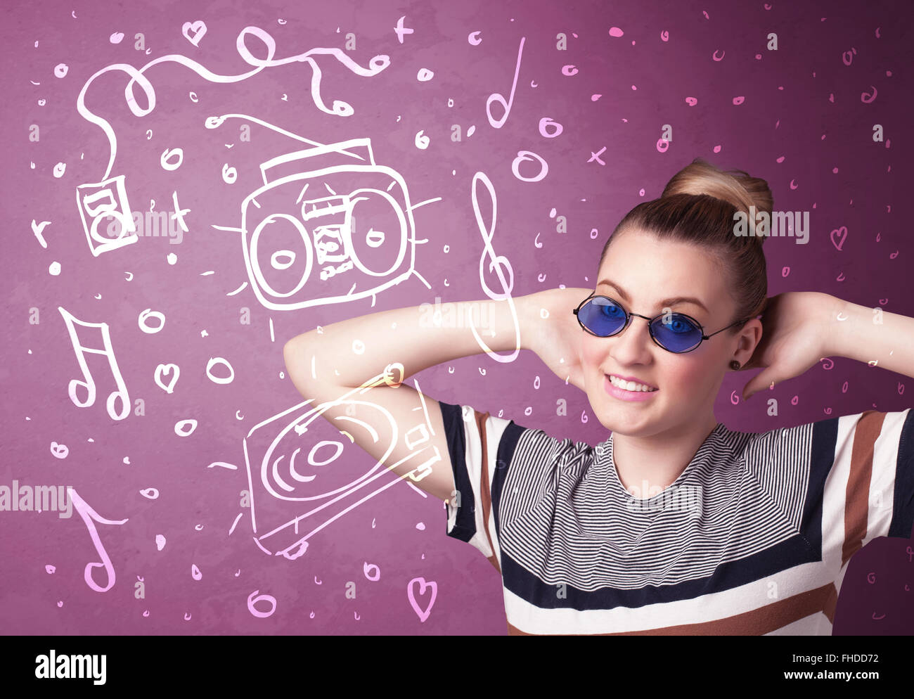 Happy funny woman with shades and hand drawn media icons Stock Photo ...
