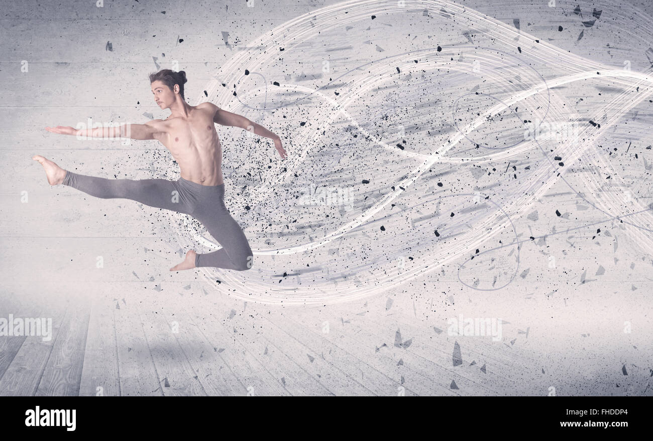 Performance ballet dancer jumping with energy explosion particles Stock ...