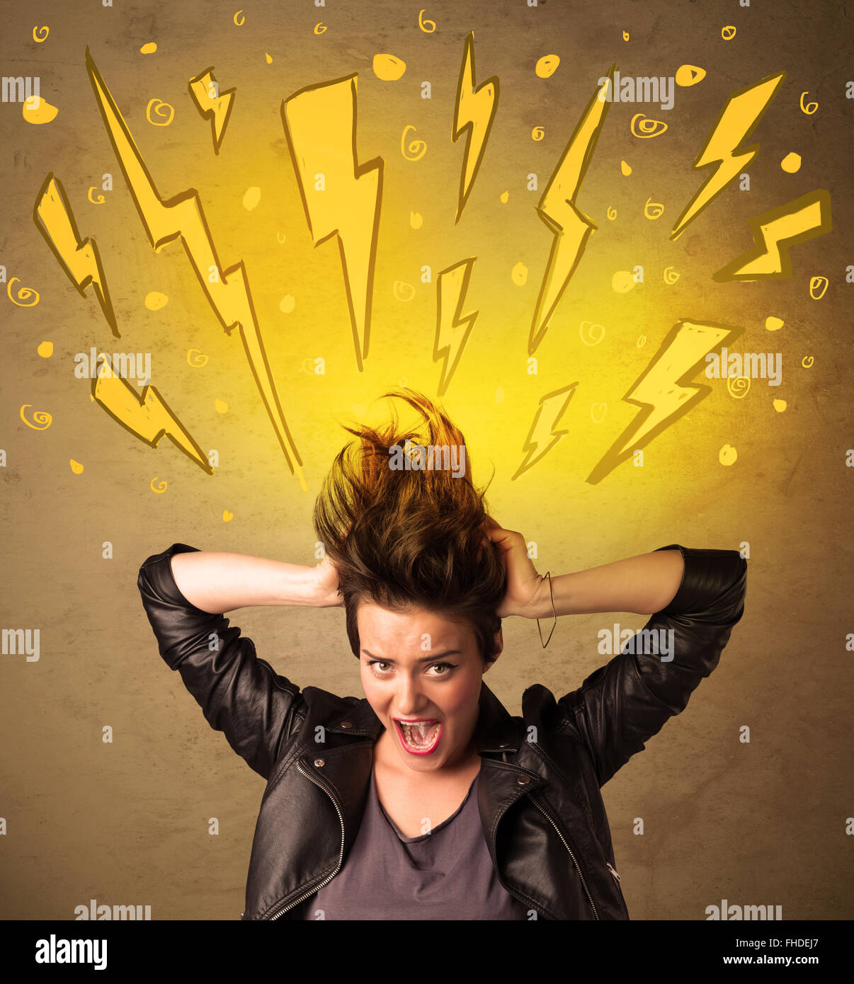 Young woman with hair style and hand drawn lightnings Stock Photo - Alamy