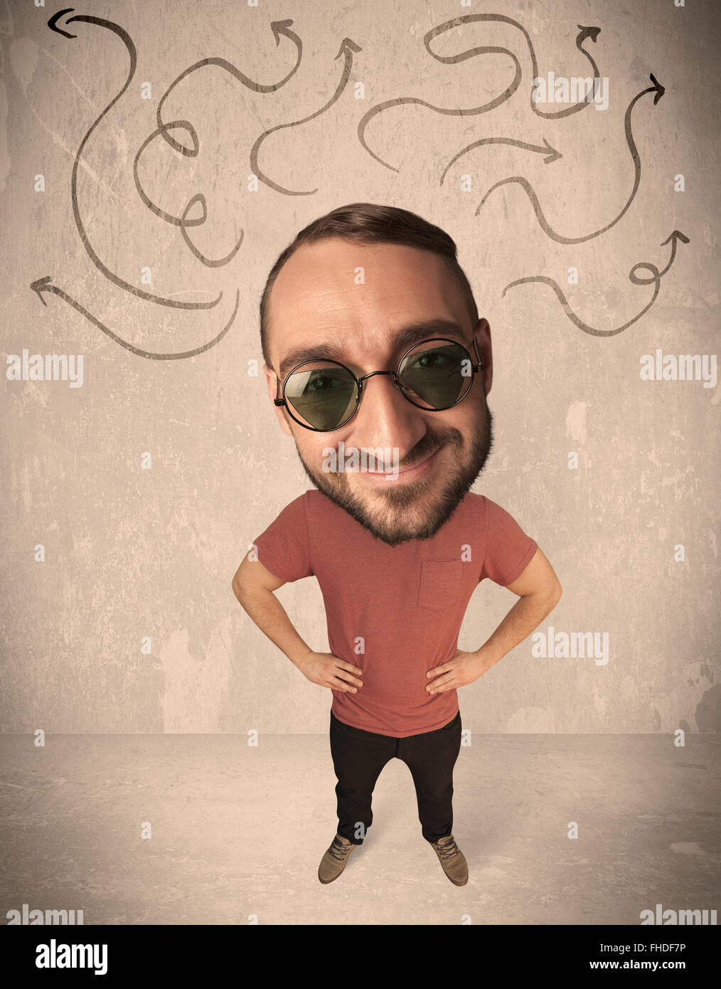 Big head person with arrows Stock Photo - Alamy