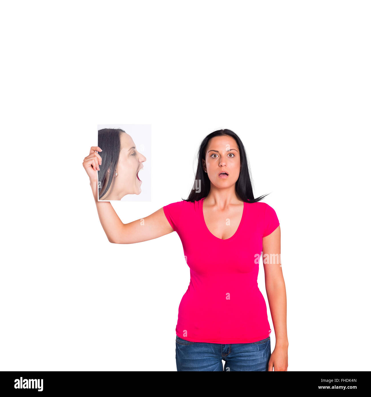 Woman showing picture of herself Stock Photo - Alamy