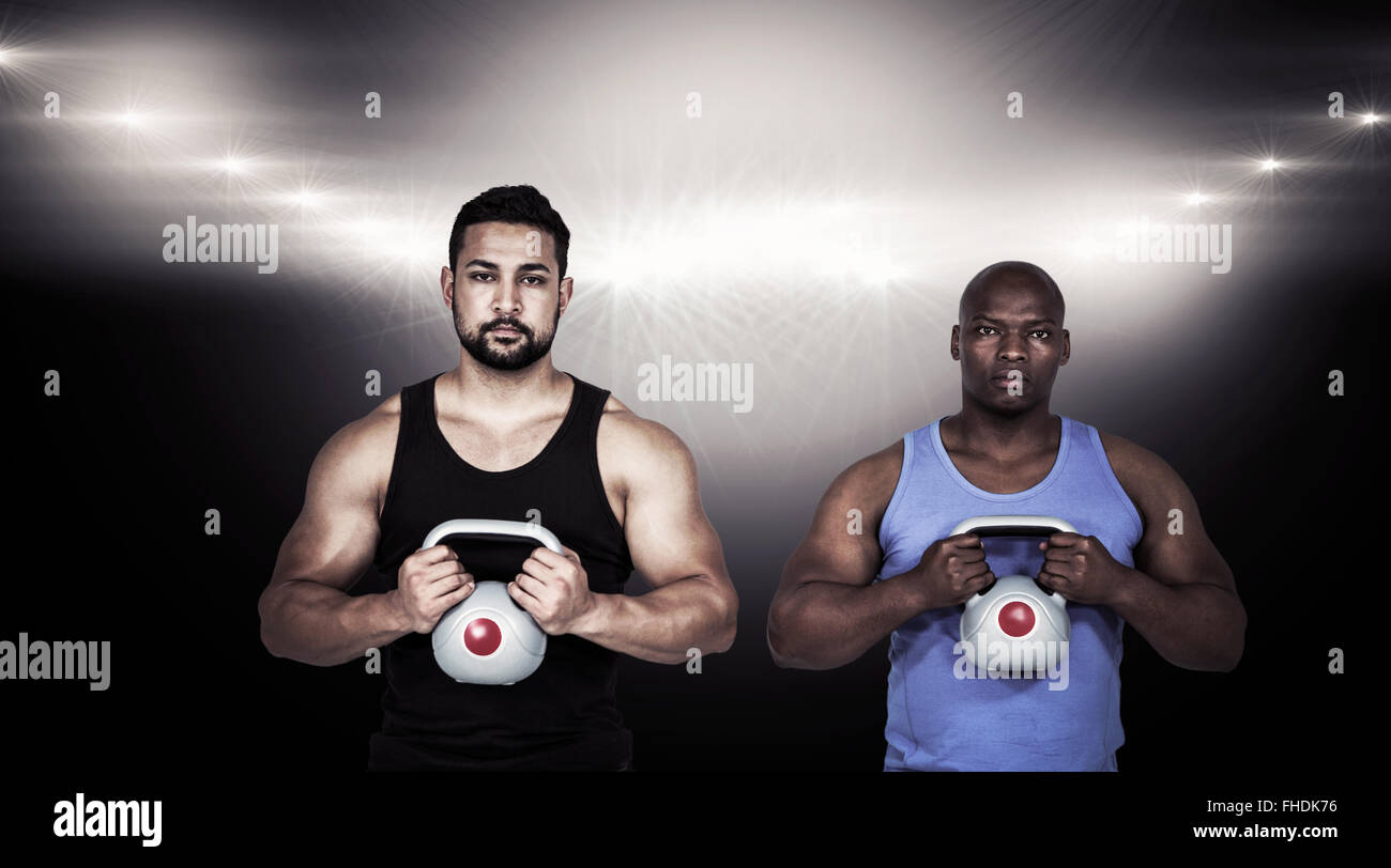 Composite image of strong friends lifting kettlebells together Stock ...