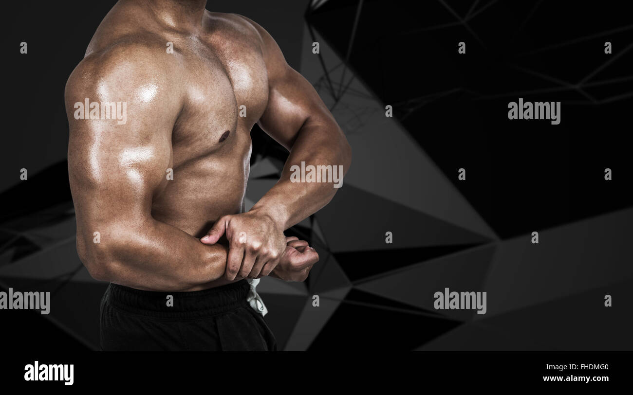 Composite image of muscular man flexing his biceps Stock Photo - Alamy