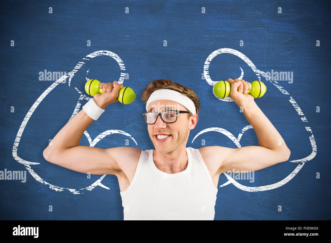 Composite image of nerd lifting weights Stock Photo - Alamy