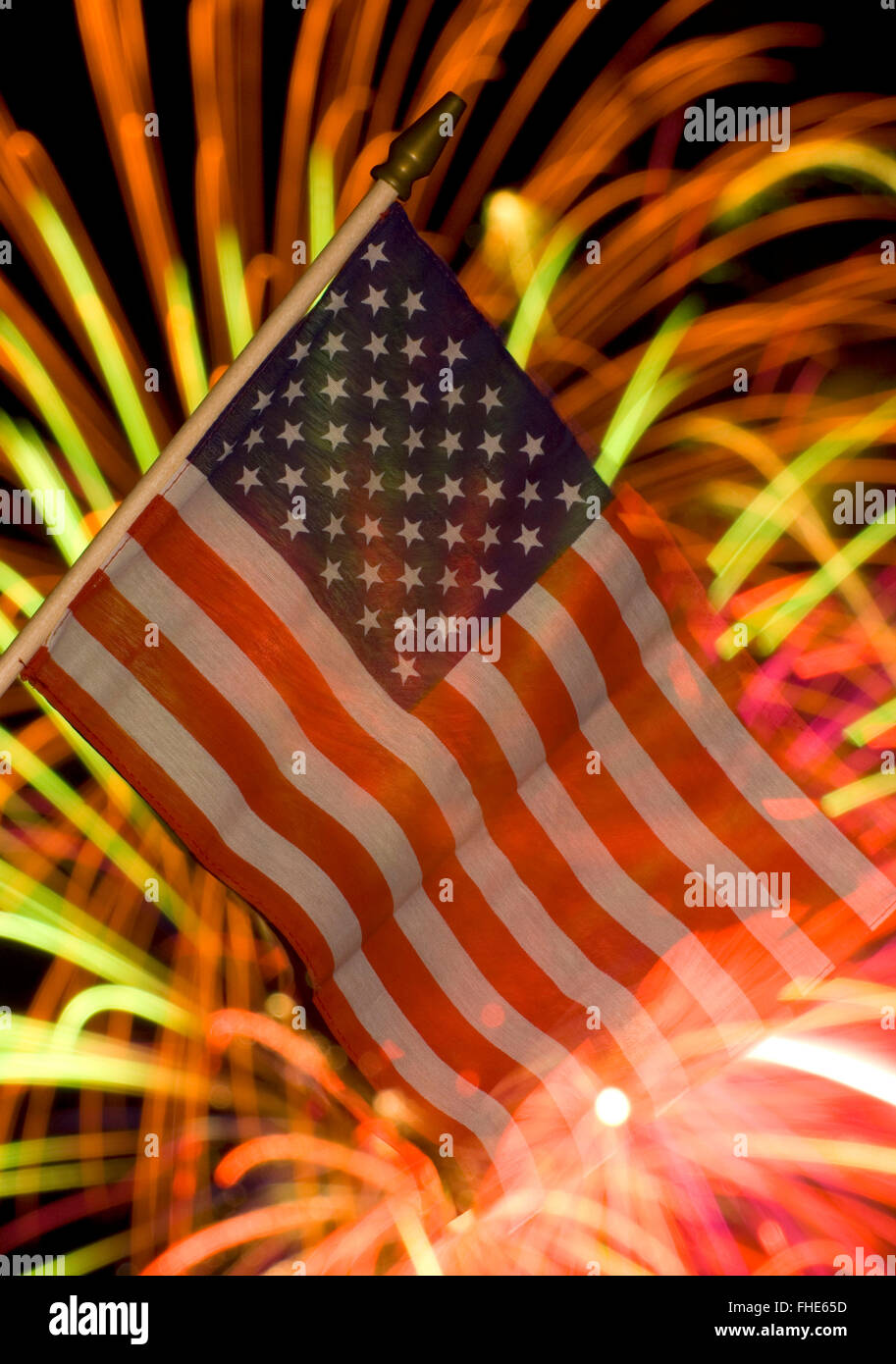 American flag with fireworks, Oregon Garden, Silverton, Oregon Stock ...