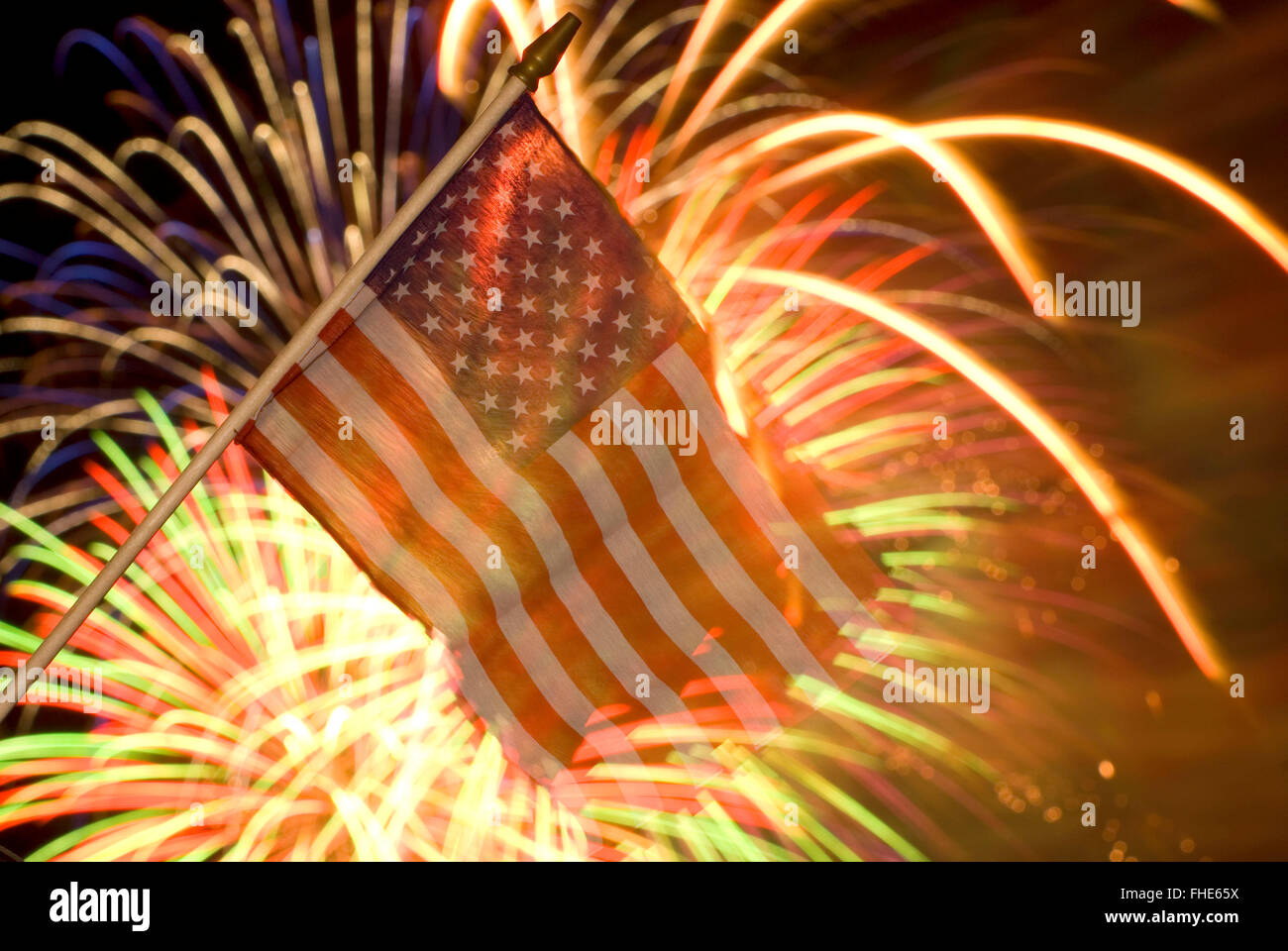 American flag with fireworks, Oregon Garden, Silverton, Oregon Stock ...