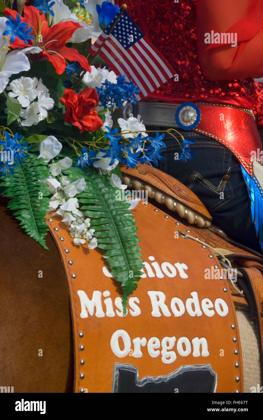 Saddle with bouquet, St Paul Rodeo Parade, St Paul, Oregon Stock Photo ...