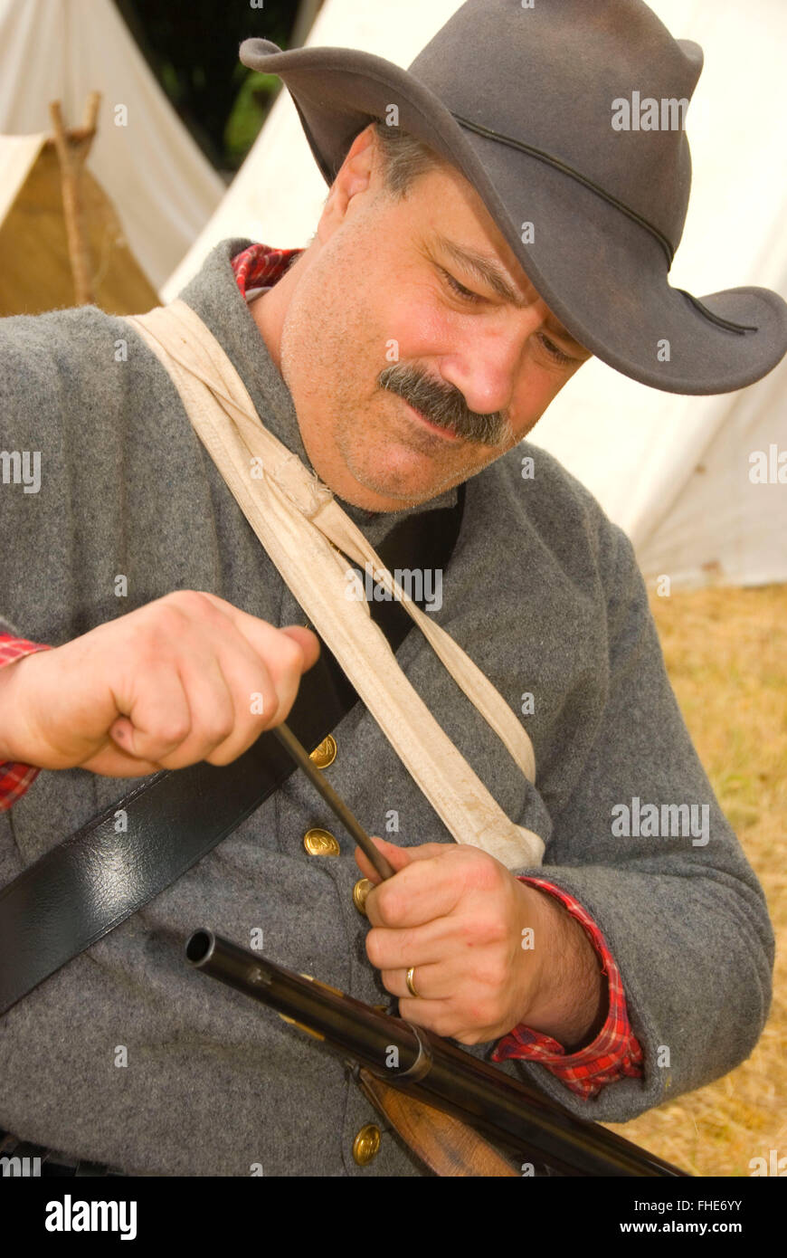 Confederate soldier cleaning gun, Civil War Re-enactment, Willamette ...