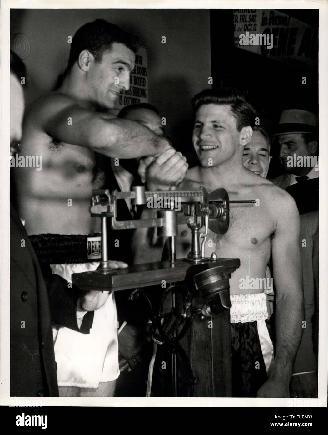 Sept. 1953 - Rocky Marciano vs Roland La Starza weigh in pre fight hand ...