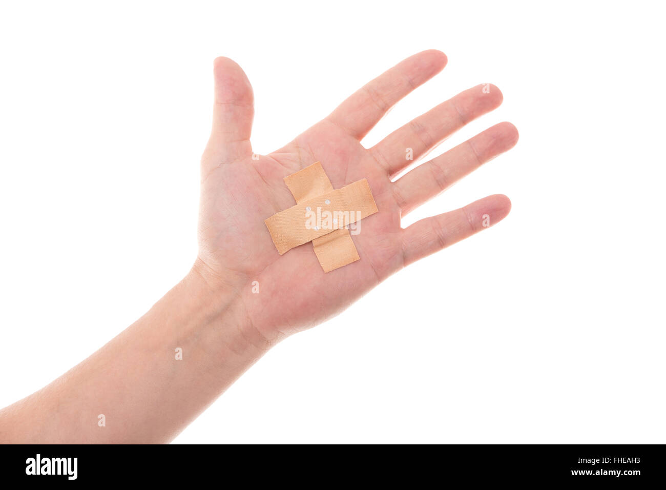 man´s hand glued medical plaster on the elbow, isolated on white ...
