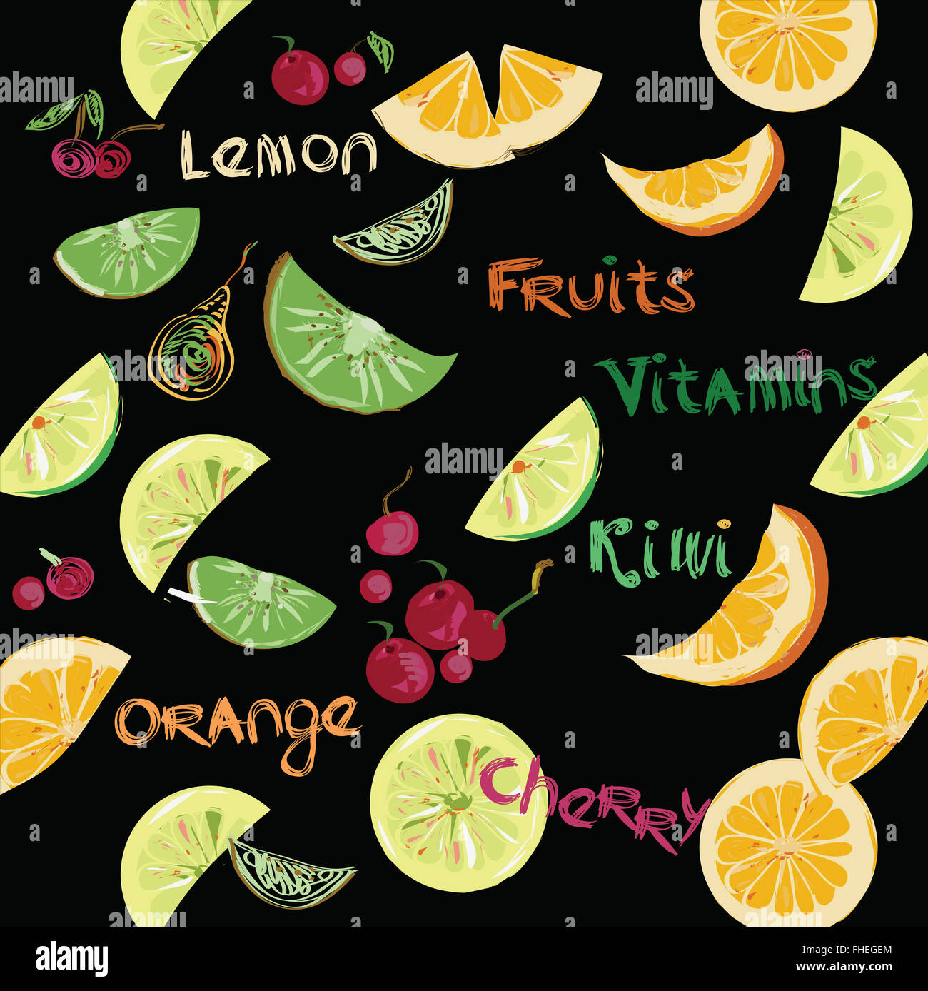 Seamless illustration of various fruits and text, hand drawn on black ...