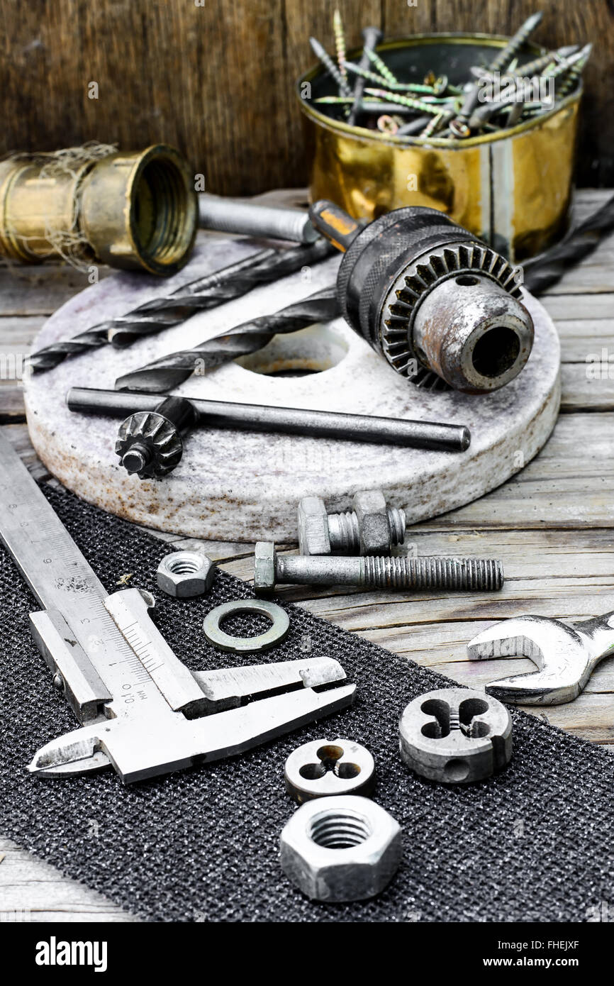 Set of work measurement,isibonisi and fastening tools Stock Photo - Alamy