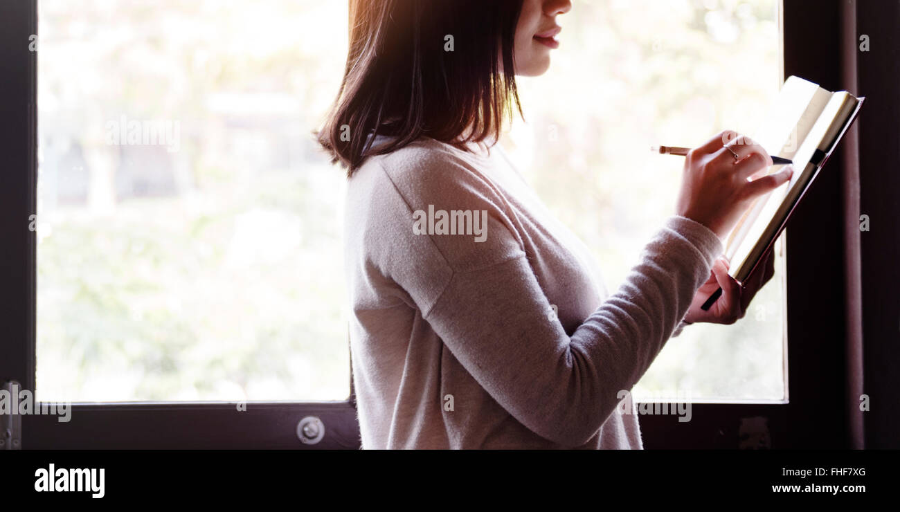 Asian Lady Writing Notebook Diary Concept Stock Photo - Alamy