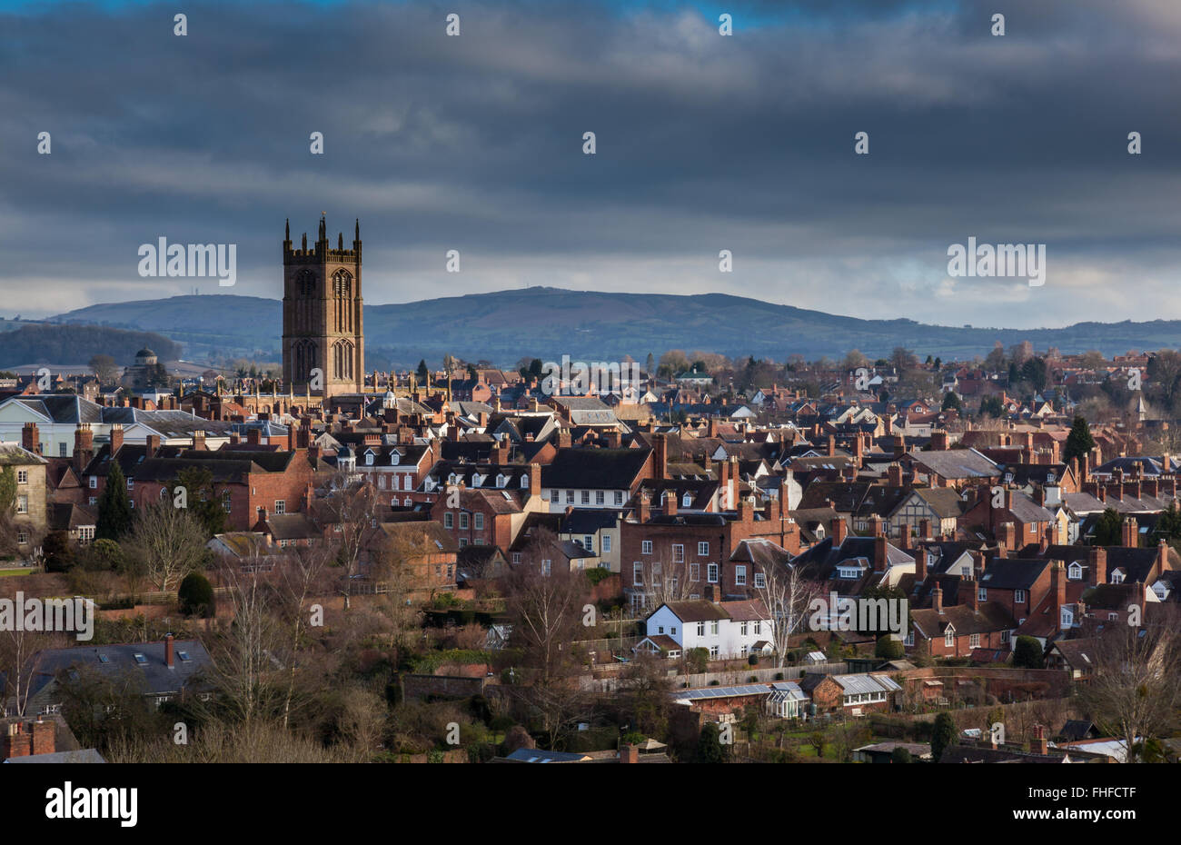 Ludlow town centre skyline dominated by St Laurences Church tower, with ...