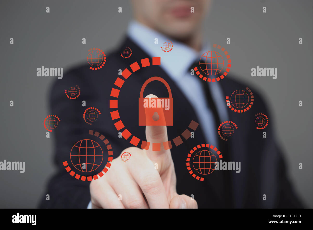 businessman pressing cyber security button on virtual screens Stock ...