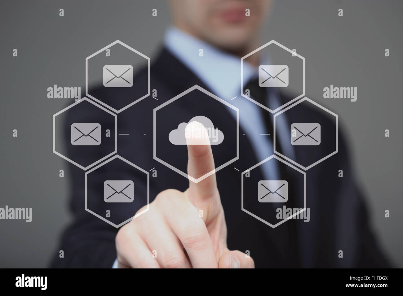 businessman using modern computer, pressing button on virtual screen ...