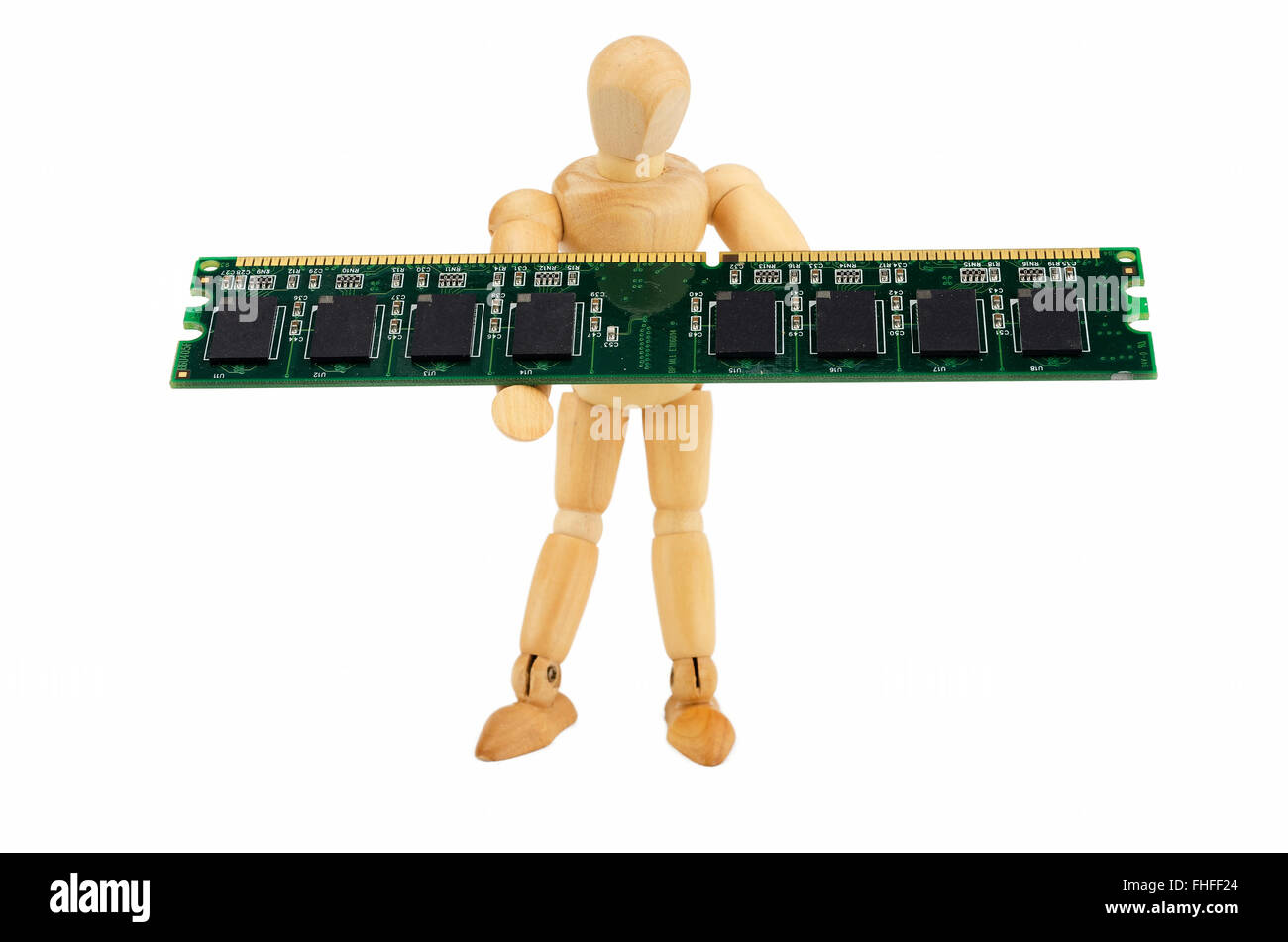 Wooden puppet carries a computer memory module isolated on a white background Stock Photo - Alamy