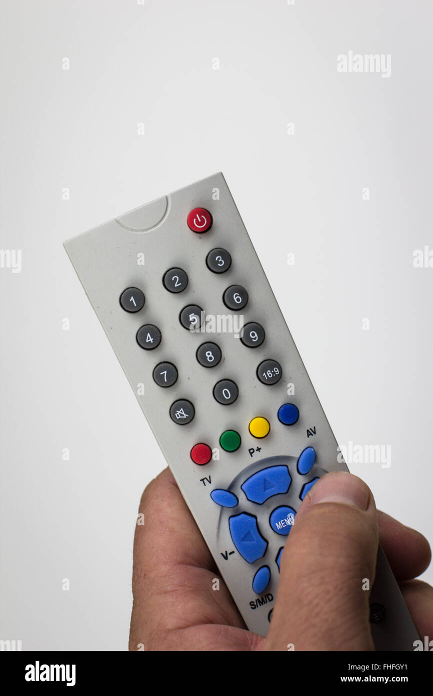 Hand pushes button on dusty, old, simple TV remote over white ...