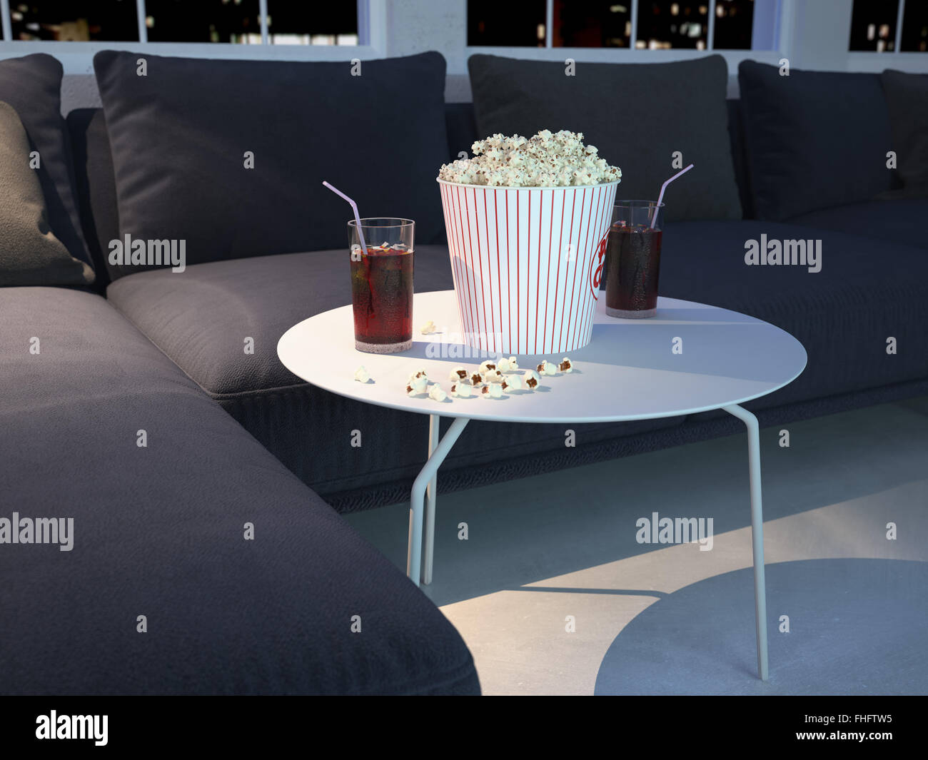 movie evening with popcorn and soda. 3d rendering Stock Photo - Alamy