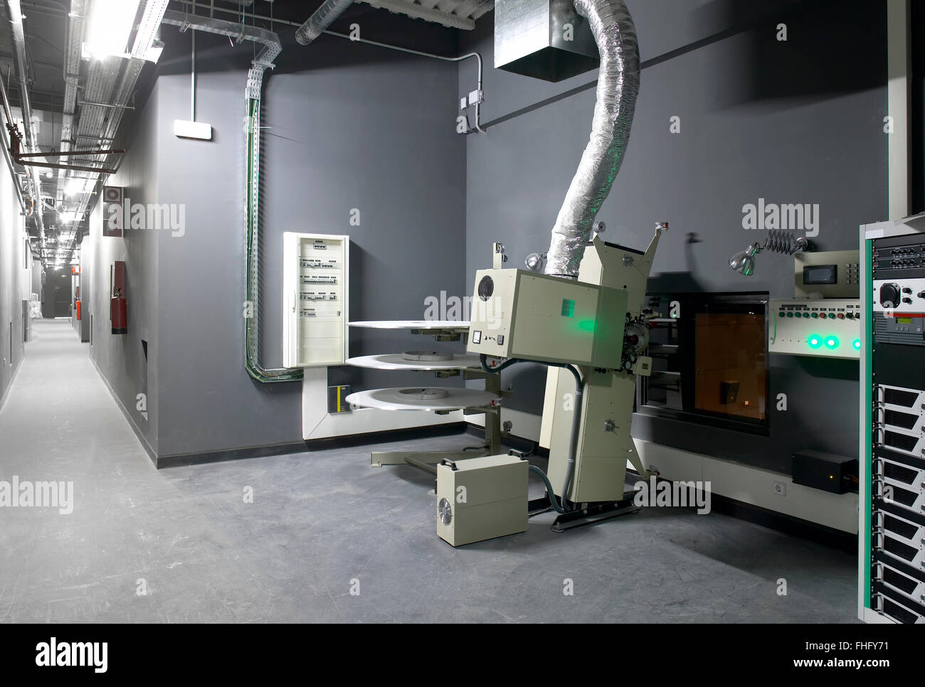 Cinema projector room and corridor with equipment. Interior Stock Photo ...
