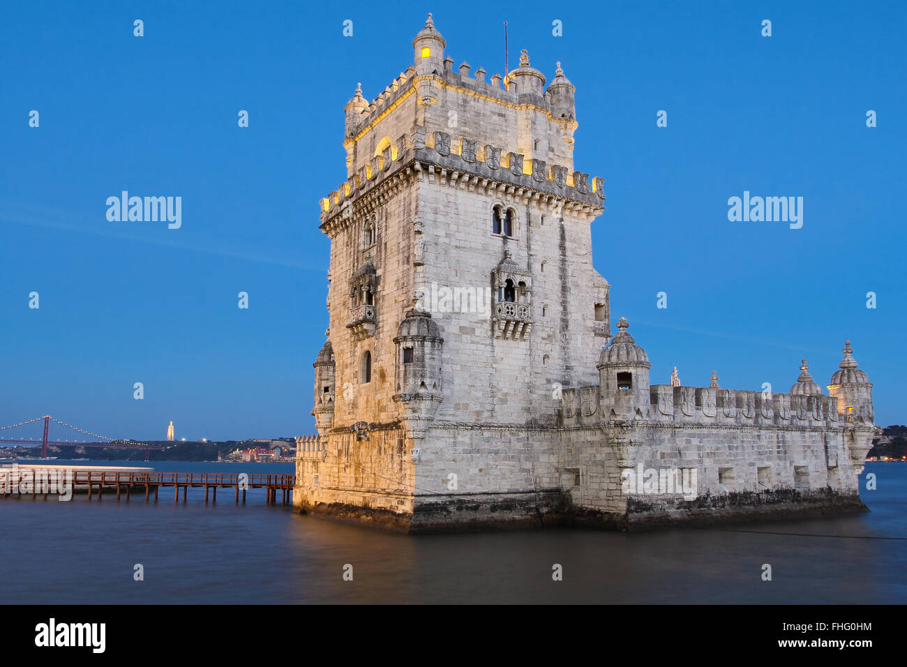 Belem Tower in Lisbon lighted at dusk. Portugal Stock Photo - Alamy
