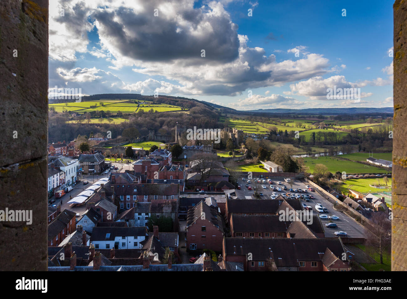 Looking across Ludlow Town Centre, Castle and Mortimer Forest from the ...
