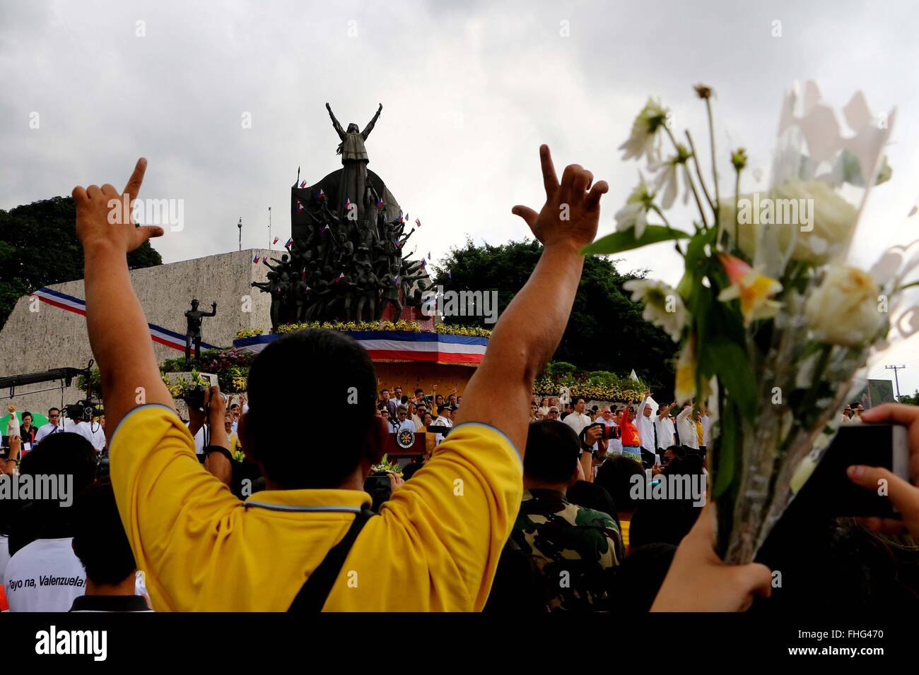 The peoples with "Laban" (fight) sign during the theme song of EDSA ...